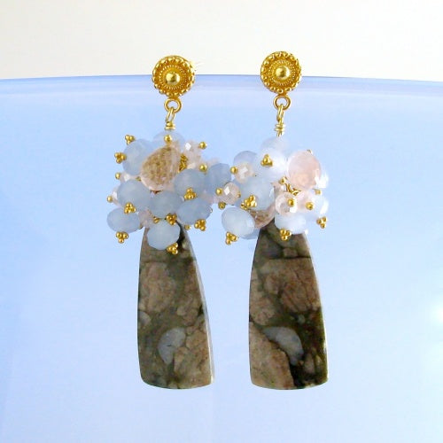 Blue Rhyolite, Periwinkle Blue Chalcedony & Rose Quartz Cluster Earrin ...