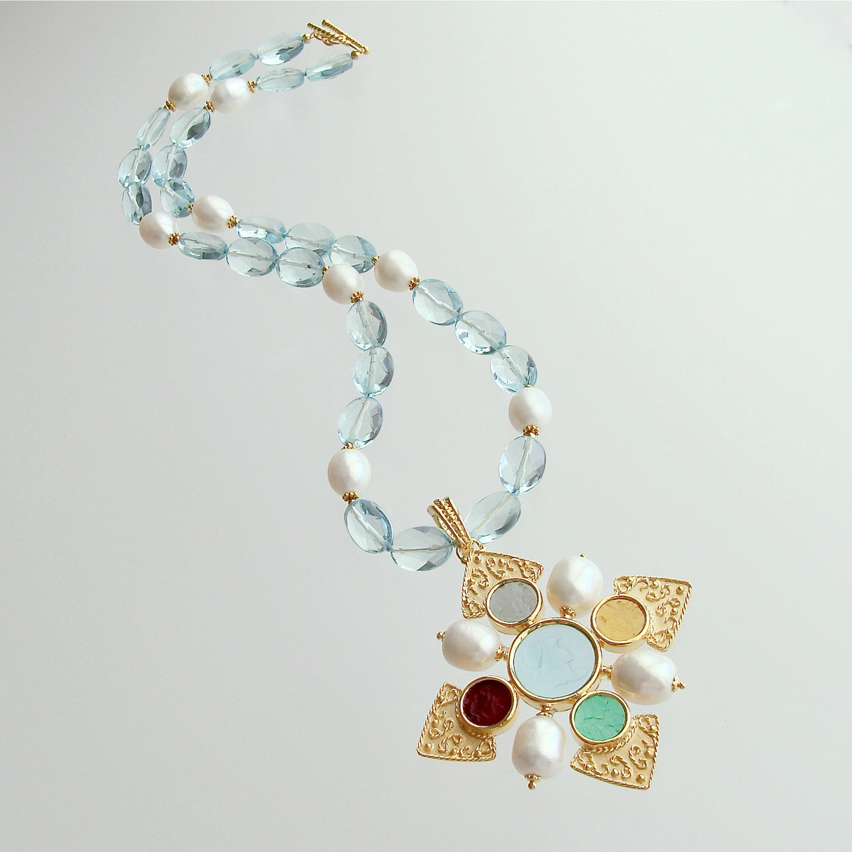 Maltese-Style Intaglio Removable Pendant, Aqua Quartz and Pearls Neckl ...