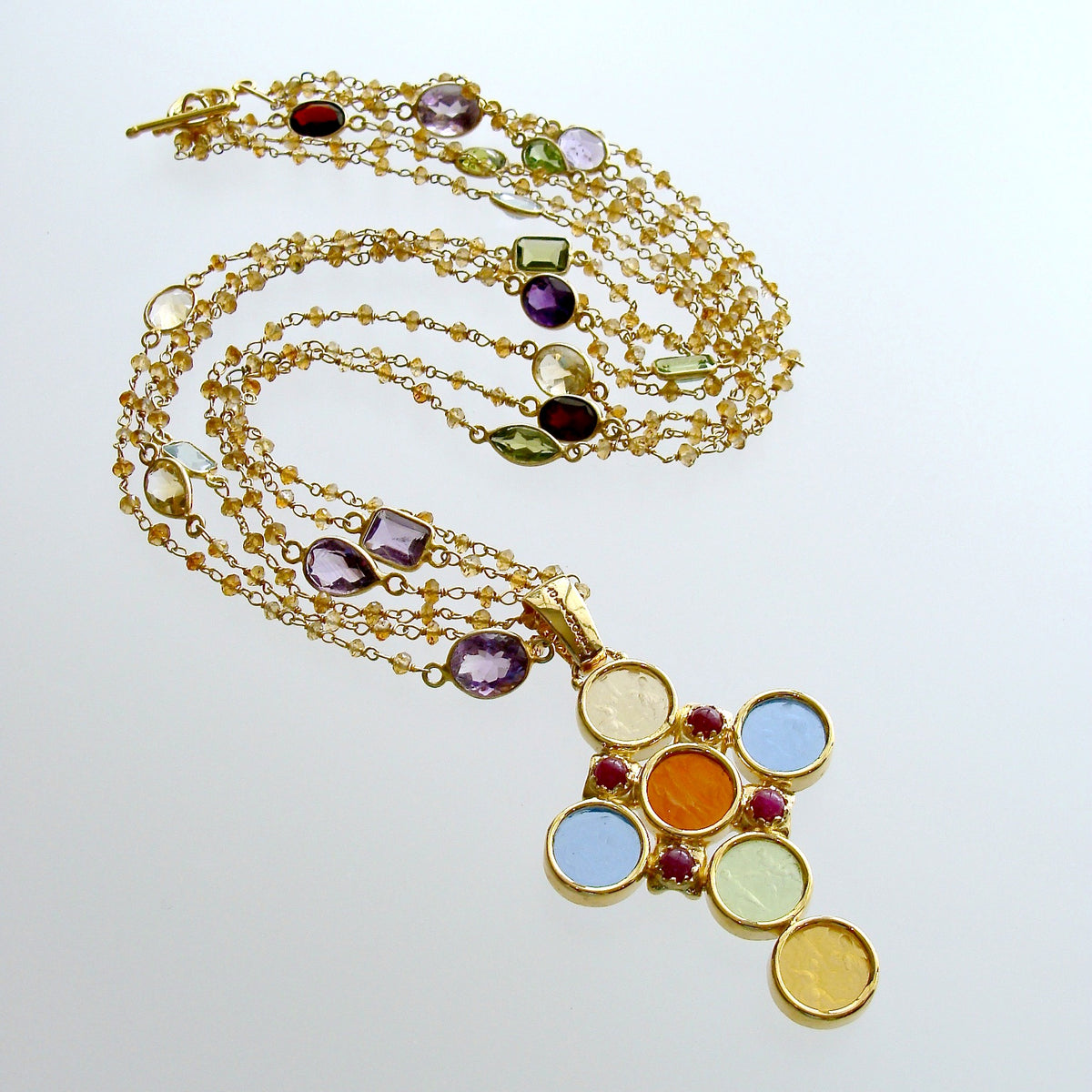 Triple Strand Citrine Venetian Glass Intaglio Cross Pendant Necklace ...