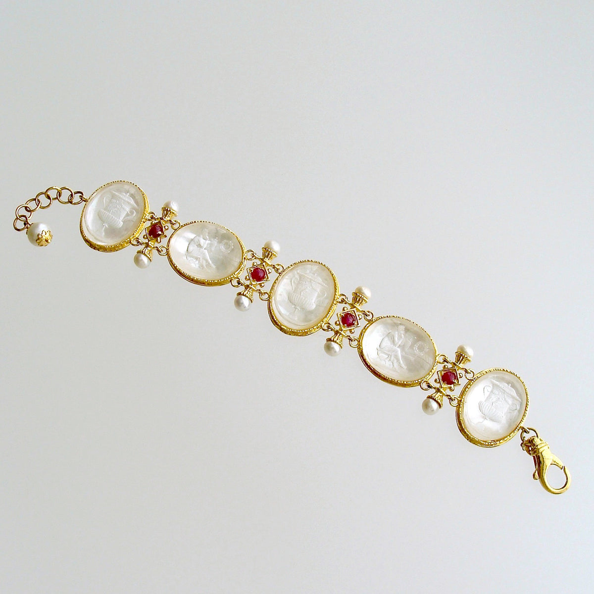 White Venetian Glass Intaglios Pearls Rubies MOP Bracelet - Varenna Br ...
