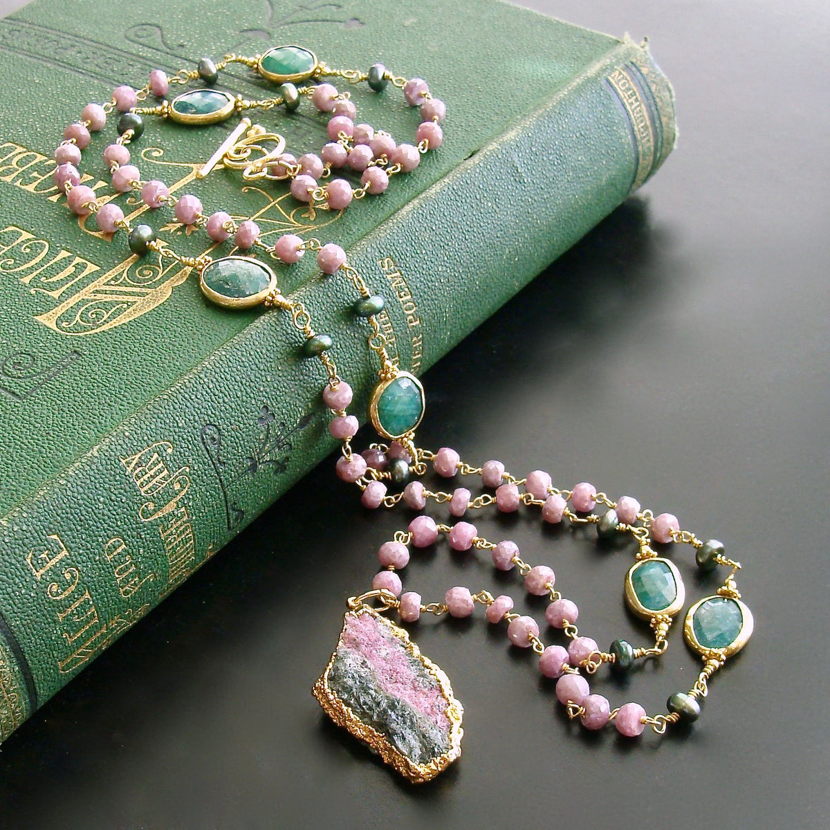 Lavender Silverite Emeralds Pearls Pink Calcite Pendant Necklace - Mel ...