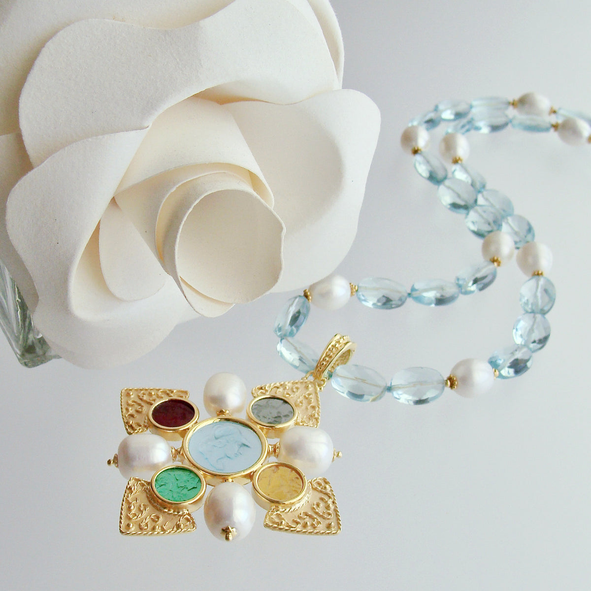 Maltese-Style Intaglio Removable Pendant, Aqua Quartz and Pearls Neckl ...