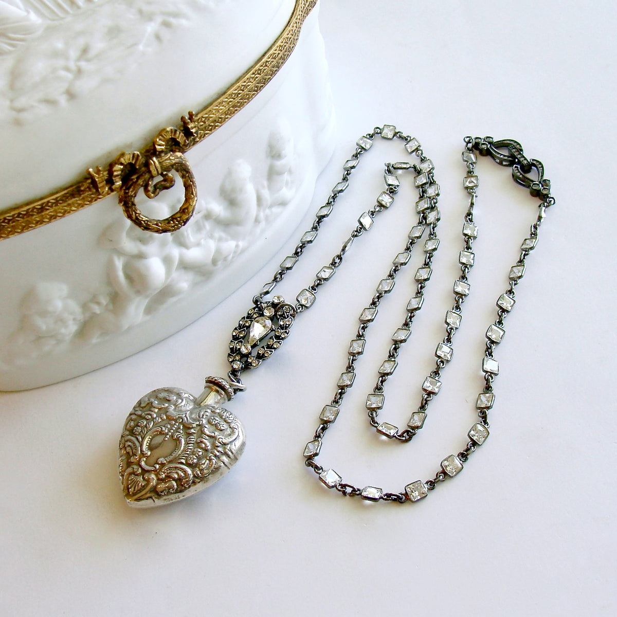 Sterling Silver Repousse Chatelaine Heart Scent Bottle Necklace - Cres ...