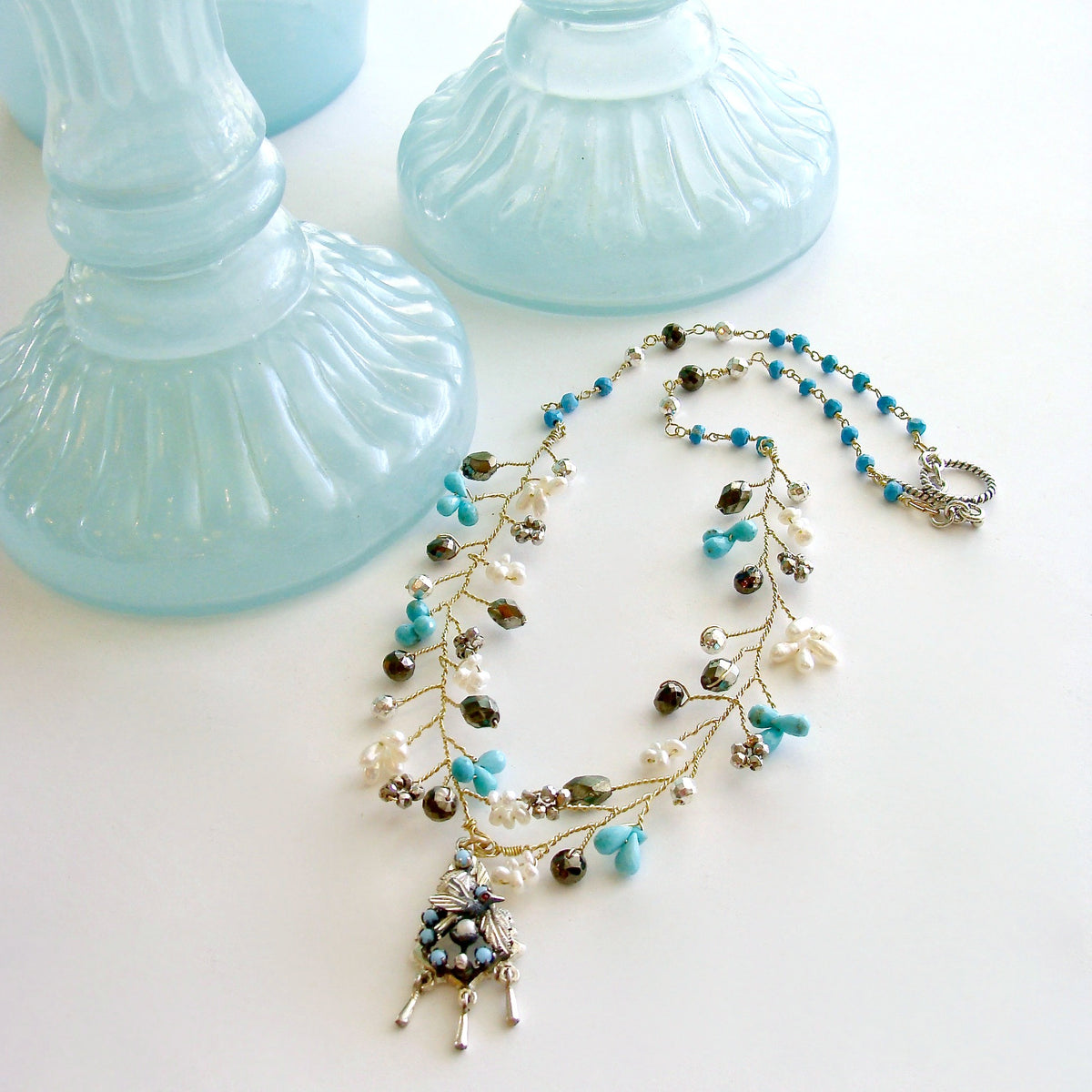 Turquoise Pyrite Pearls Pajaritos Pendant Necklace - Pajaritos Flora N ...