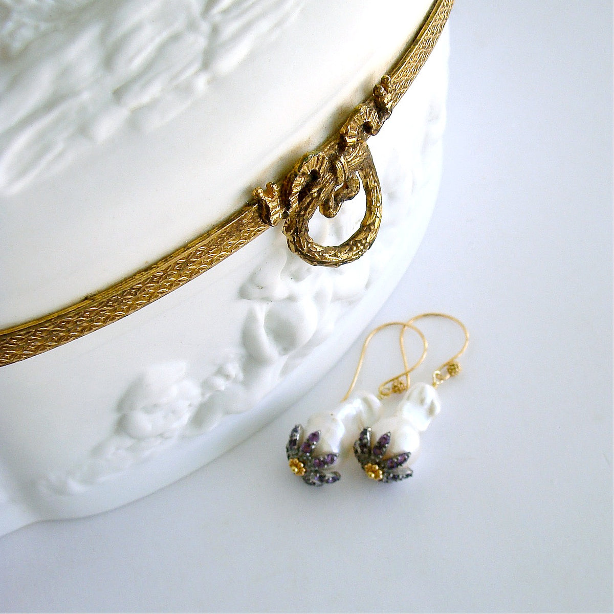 Baroque Flameball Pearls Amethyst Rhodium Bead Cap Earrings - Chantill ...