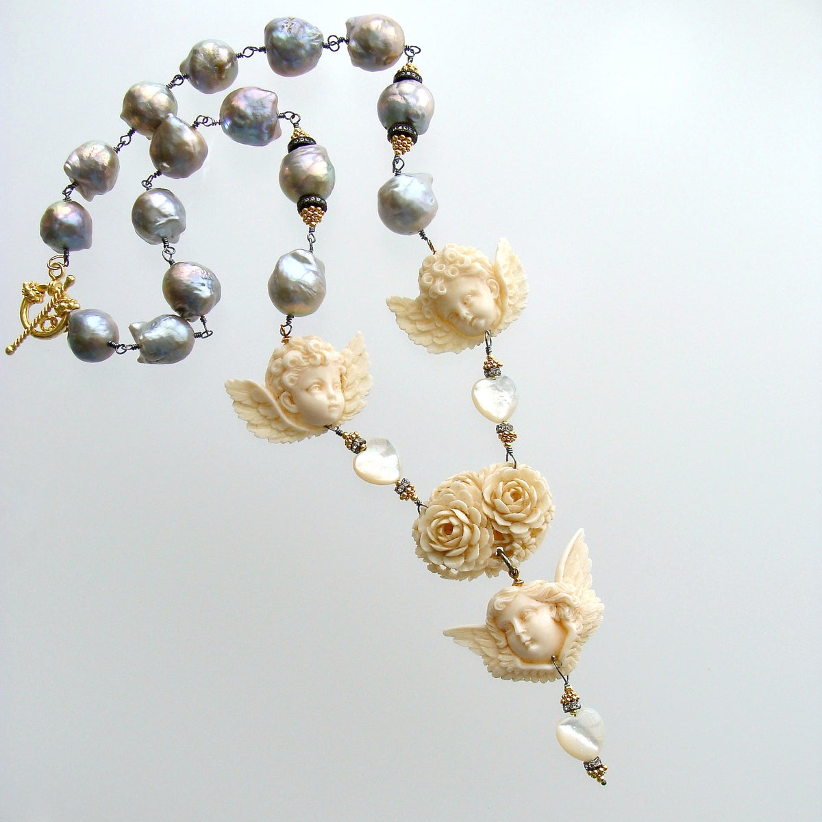 Gray Baroque Pearls EcoIvory Cherubs Necklace - Les Anges Espiegles Ne ...