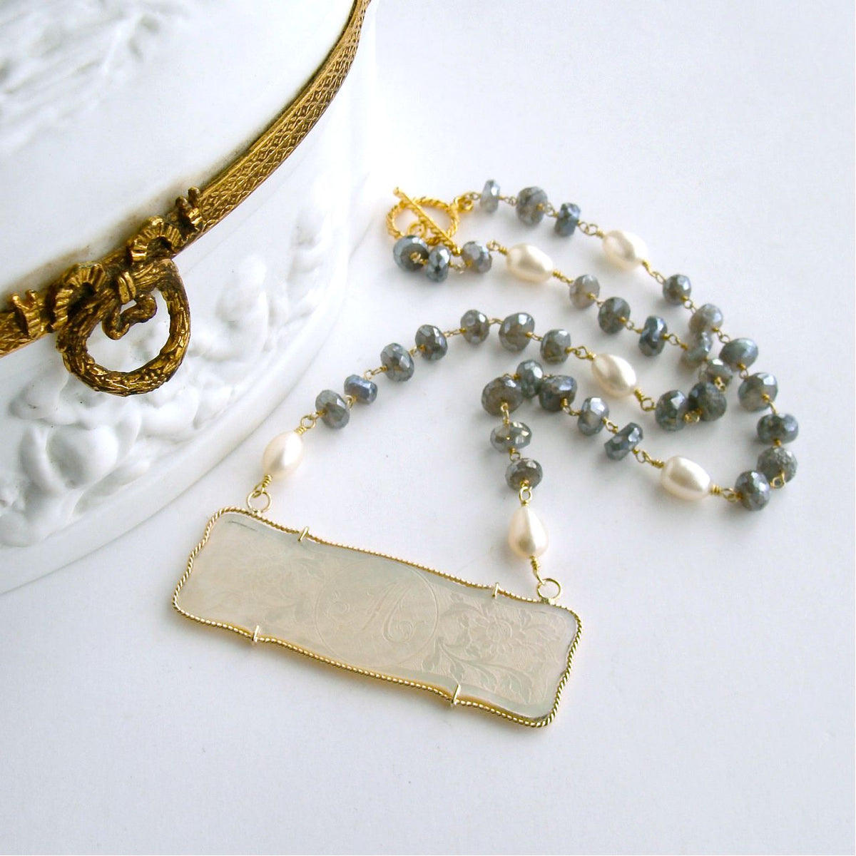 Mother-of-Pearl “M” Monogram Gaming Counter Mystic Labradorite Necklac ...