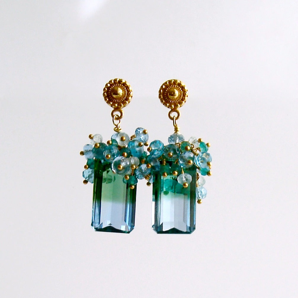 Blue Green Emerald Cut Ametrine Cluster Earrings - Bella III Earrings ...